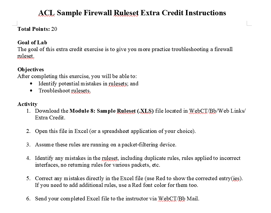 Solved ACL Sample Firewall Ruleset Extra Credit Instructions | Chegg.com