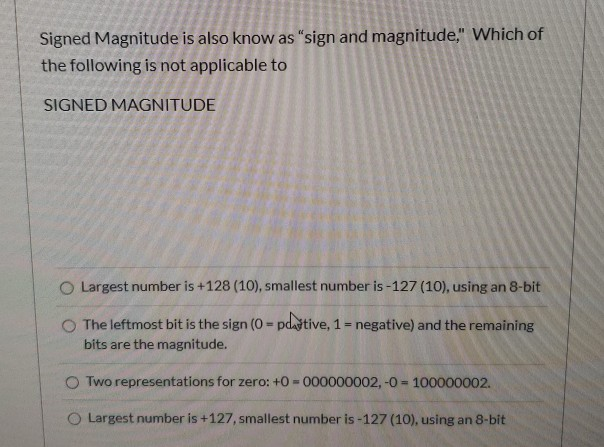 Solved Signed Magnitude is also know as "sign and | Chegg.com