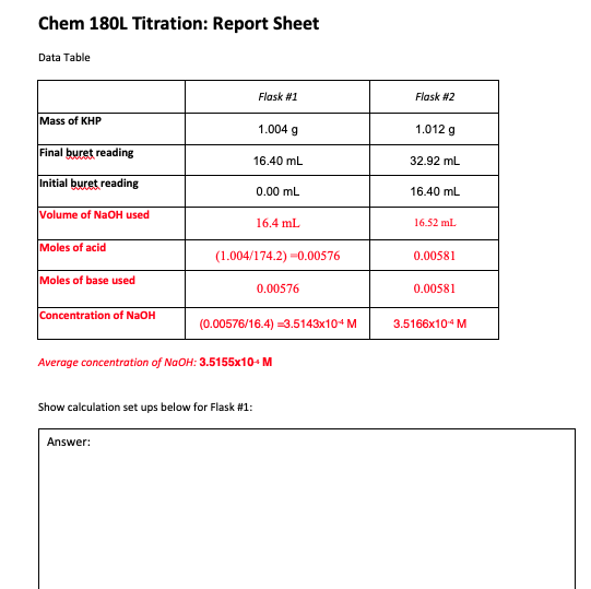 Solved Chem 180L Titration: Report Sheet Data Table Flask #1 | Chegg.com