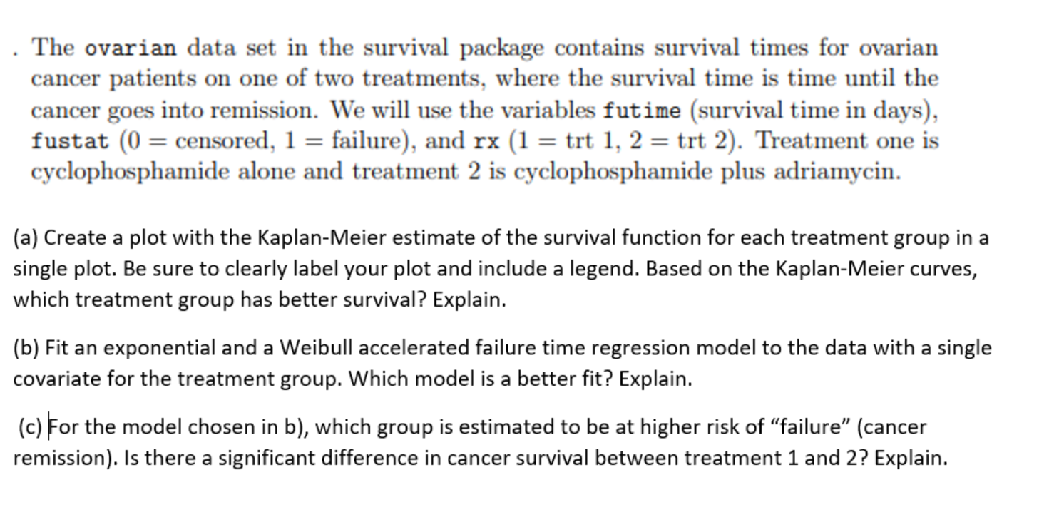 The ovarian data set in the survival package contains | Chegg.com