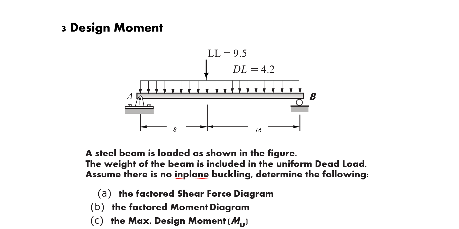 Solved 3 Design Moment LL = 9.5 DL = 4.2 B 8 16 A steel beam | Chegg.com