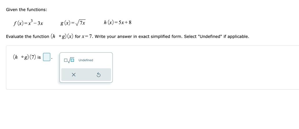 Solved Given the functions: f(x)=x3−3xg(x)=7xh(x)=5x+8 | Chegg.com