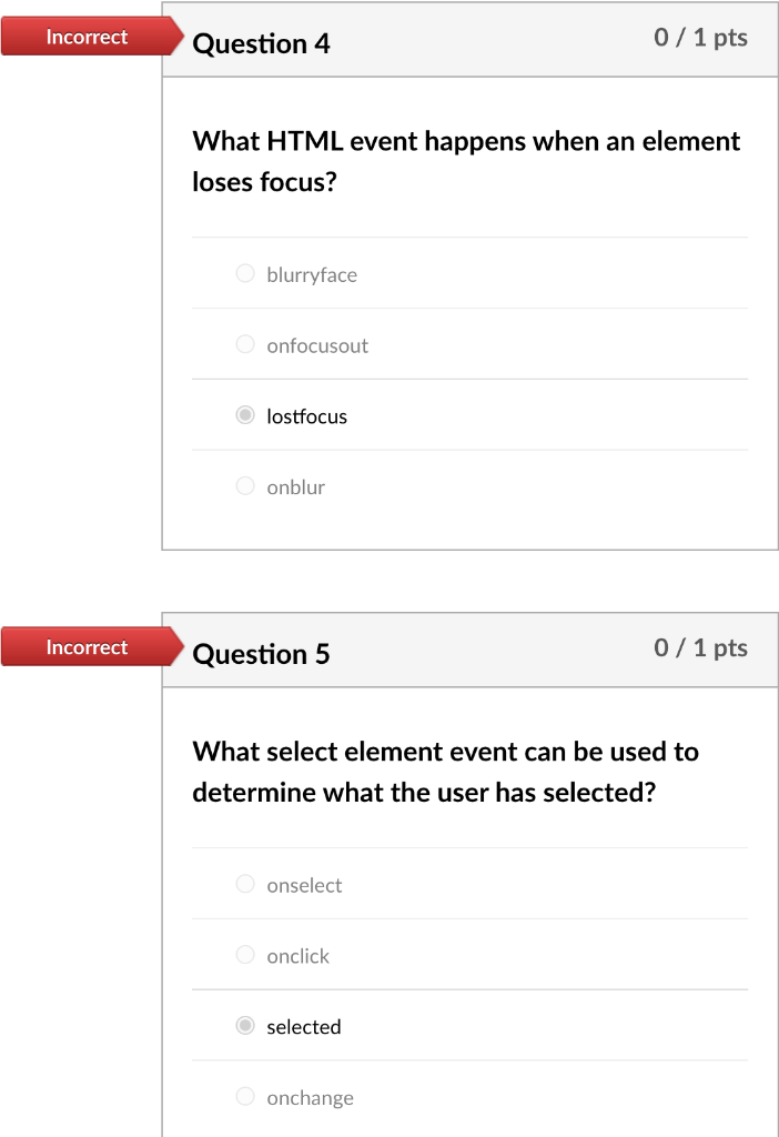 Solved Incorrect Question 4 0 / 1 pts What HTML event | Chegg.com