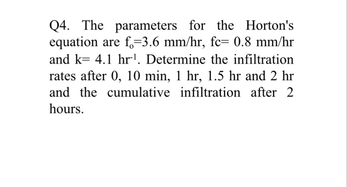 Solved Q4. The parameters for the Horton's equation are | Chegg.com