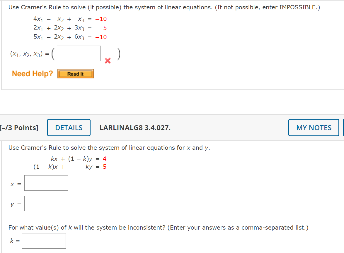 Solved Use Cramer's Rule to solve (if possible) the system | Chegg.com