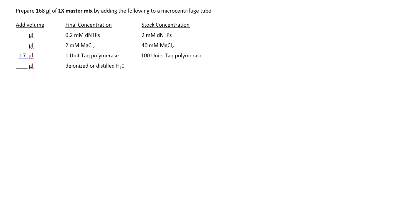 Solved Prepare 168μl of 1X master mix by adding the | Chegg.com Solved Prepare 168μl of 1X master mix by adding the | Chegg.com