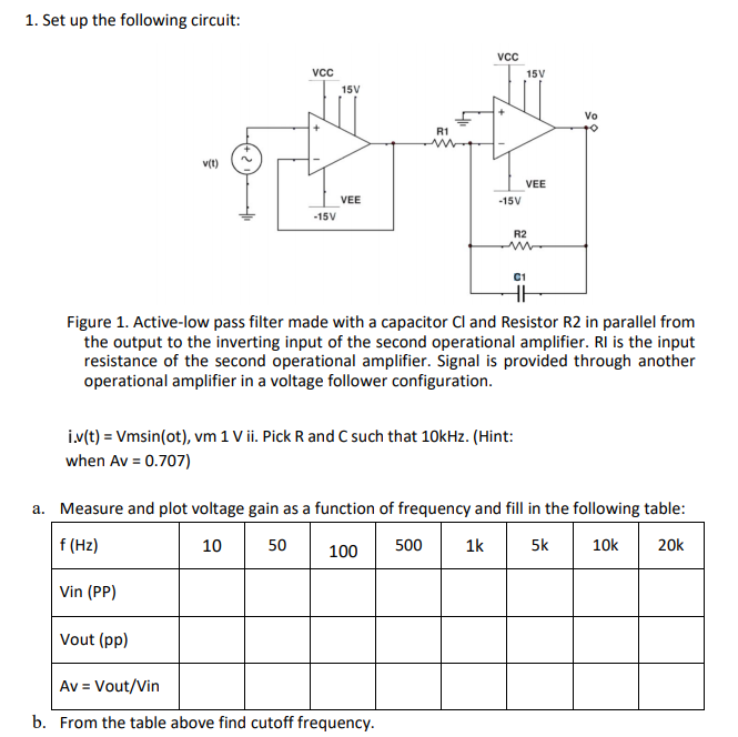 Solved 1. Set up the following circuit VCC VCC 15V 15V Vo R1 | Chegg.com