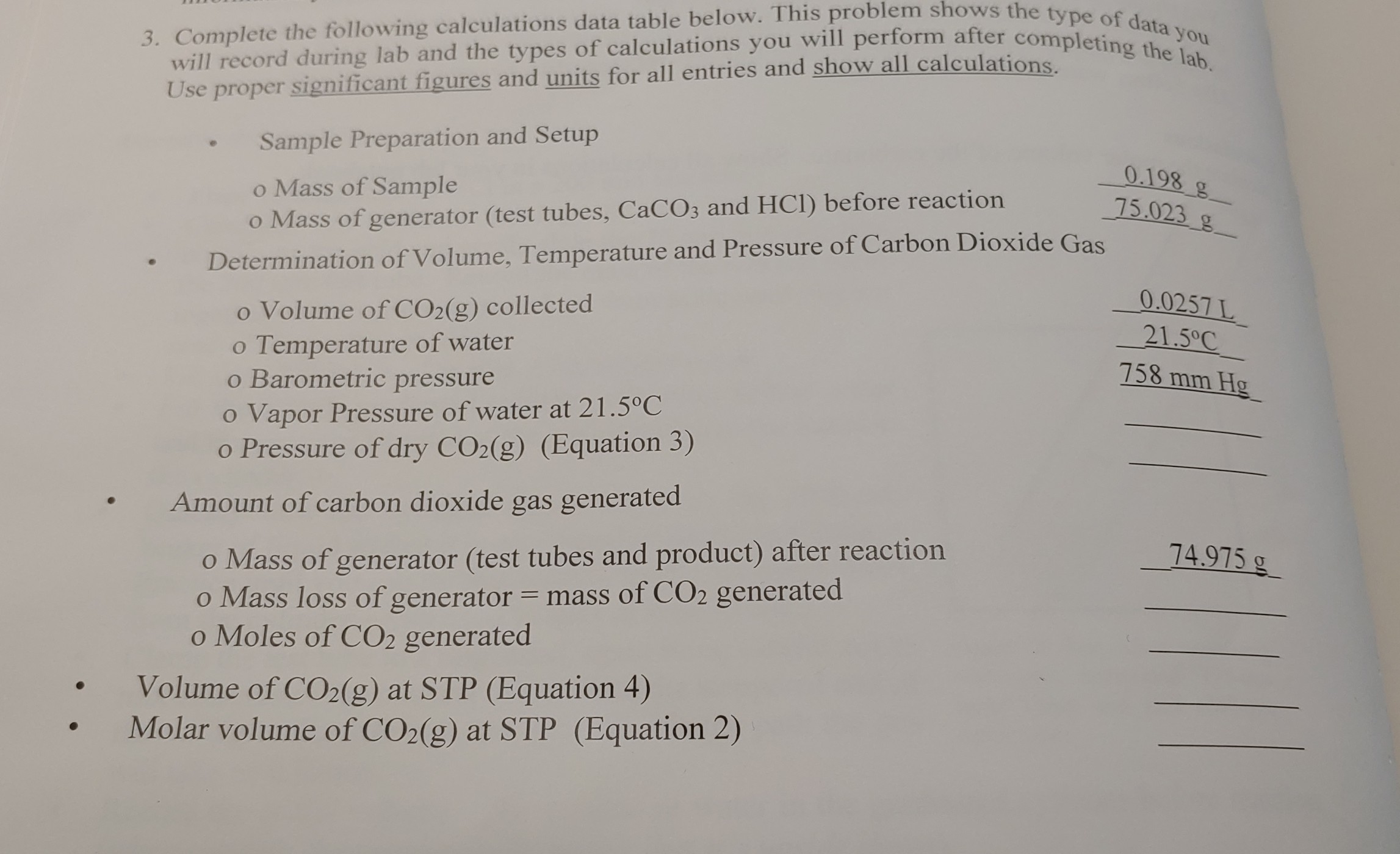 3. Complete the following calculations data table | Chegg.com