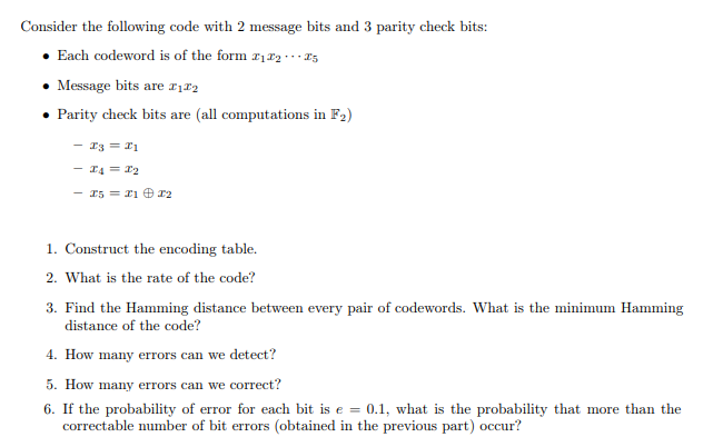 Solved Consider the following code with 2 message bits and 3 | Chegg.com