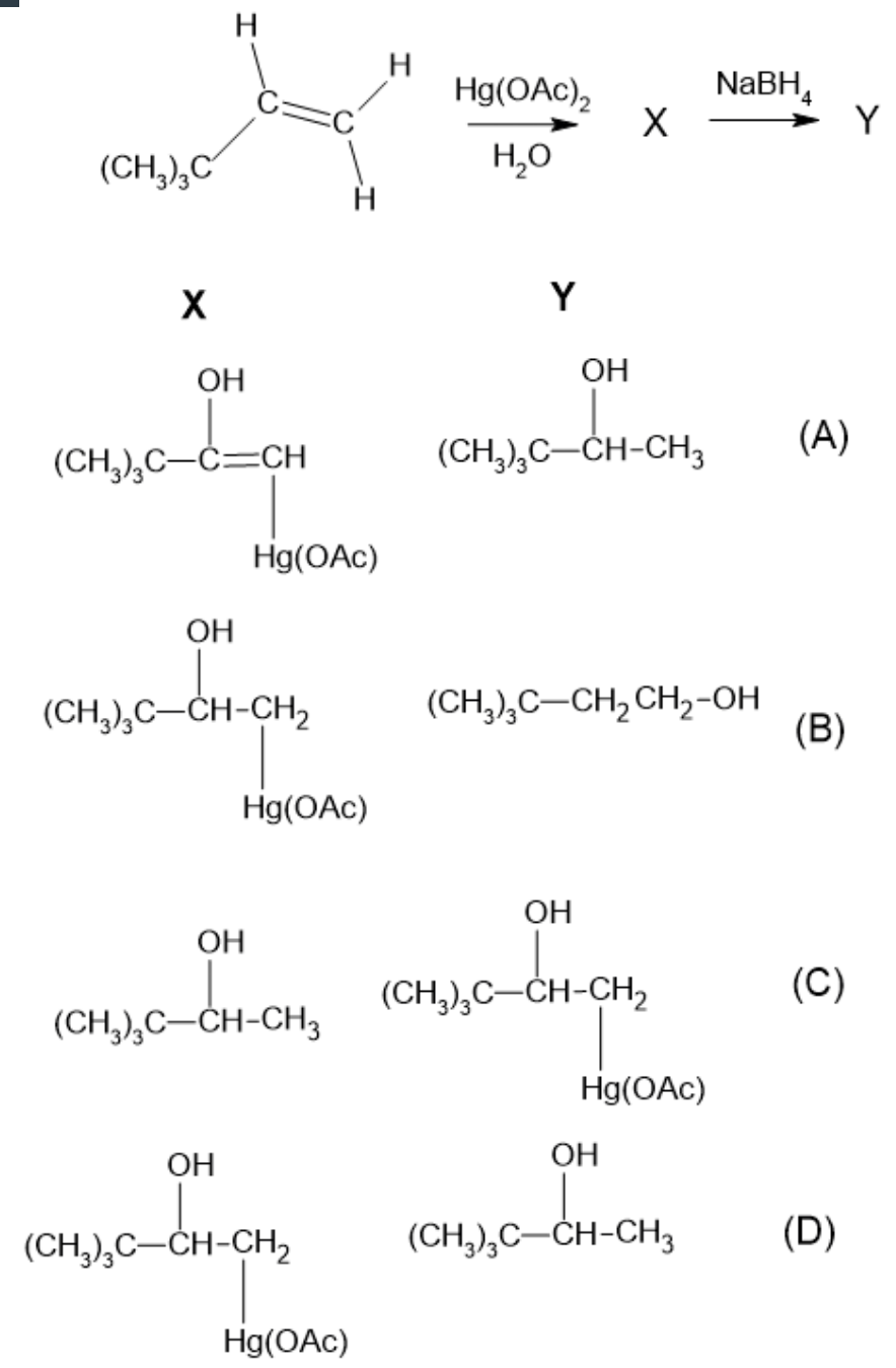 Solved (A) (B) (C) (D)(1) 2 H3C (2) H3O+H2O2Hg(OAC)2X NaBH4Y | Chegg.com