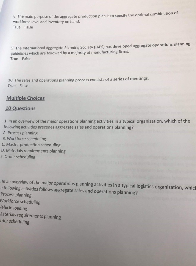 Solved 8. The main purpose of the aggregate production plan | Chegg.com