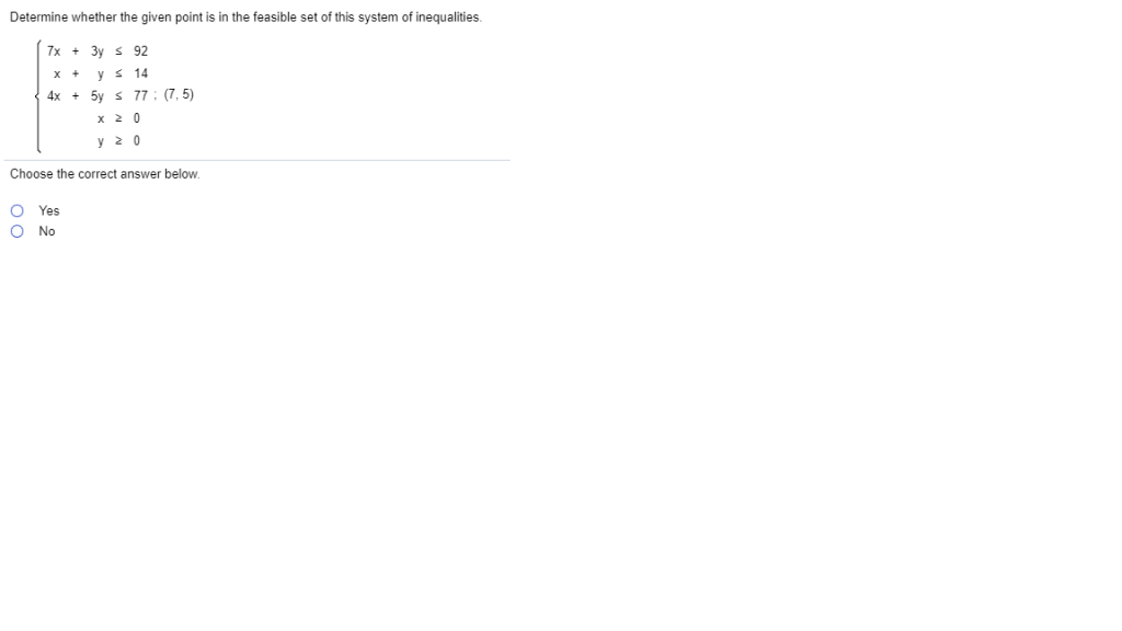 Solved Determine whether the given point is in the feasible | Chegg.com