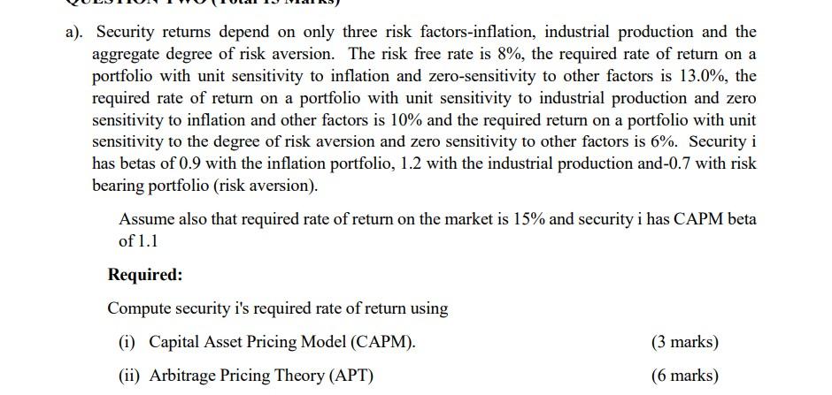 Solved a). Security returns depend on only three risk | Chegg.com