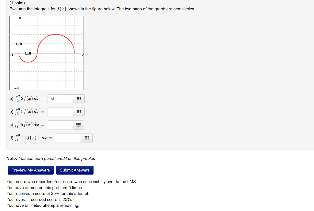 [Solved]: (1 point) Evaluate the integrals for ( f(x) )
