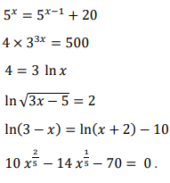 Solved 5x=5x−1+204×33x=5004=3lnxln3x−5=2ln(3−x)=ln(x+2)−1010 | Chegg.com