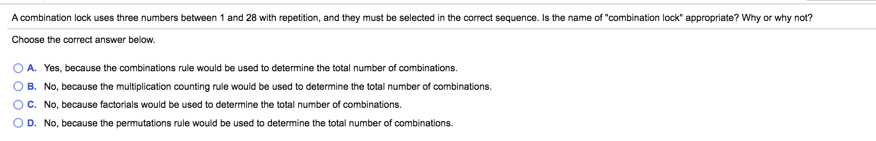 Solved A combination lock uses three numbers between 1 and | Chegg.com