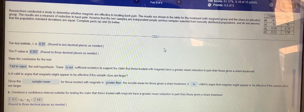 Solved Part 6 of 6 Score: 61.17%, 9.18 of 15 points Points: | Chegg.com