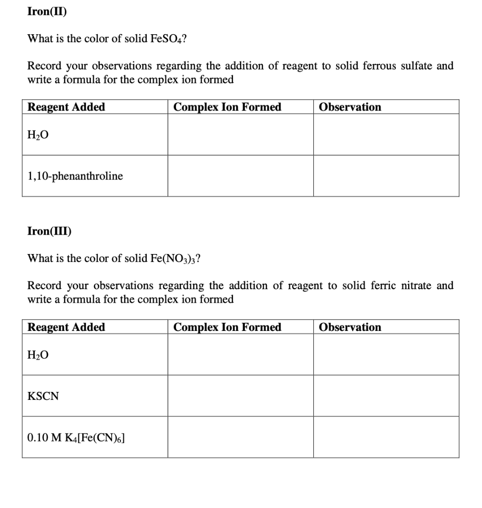 Iron(II) What is the color of solid FeSO4? Record | Chegg.com