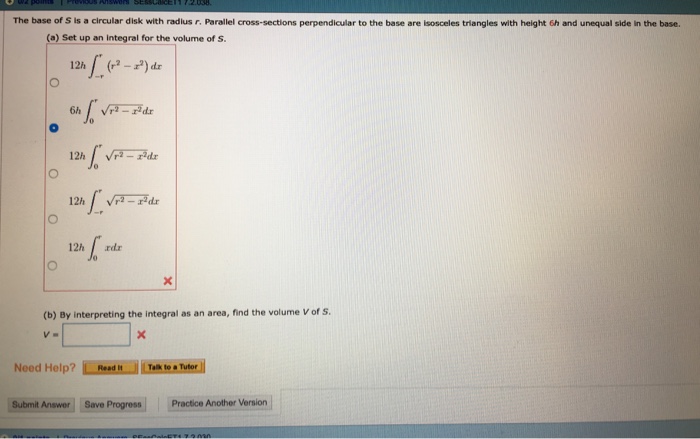 Solved The base of S is a circular disk with radius r. | Chegg.com