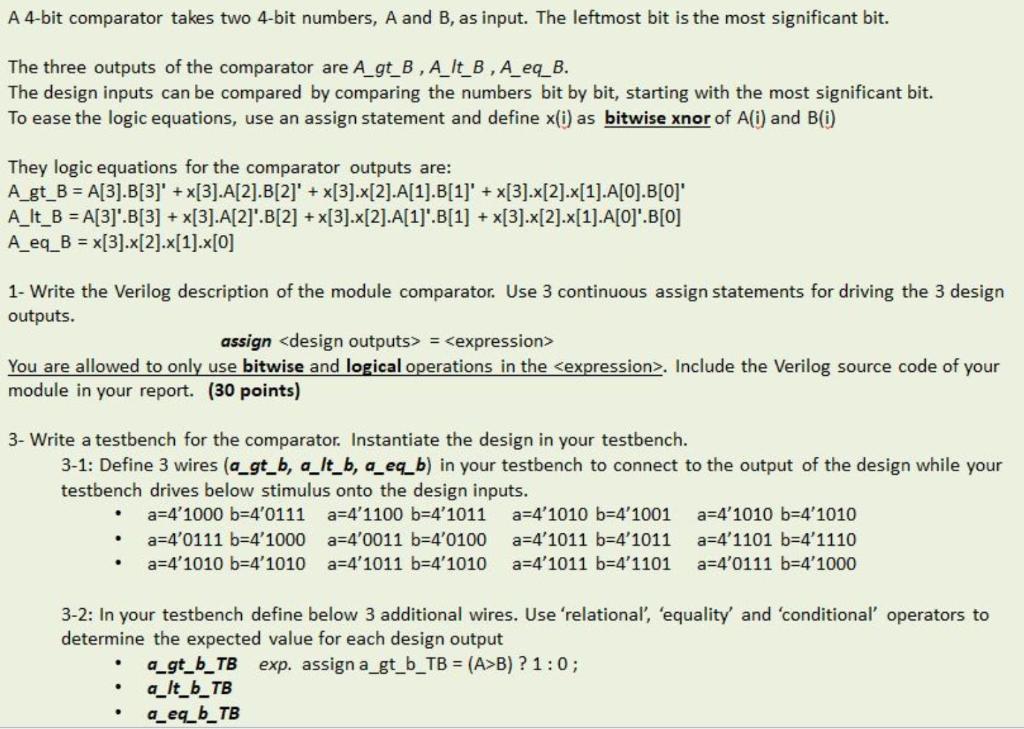 Solved A 4-bit comparator takes two 4-bit numbers, A and B, | Chegg.com