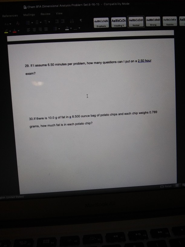 Solved Chem B1A Dimensional Analysis Problem Set 6-16-15 - | Chegg.com