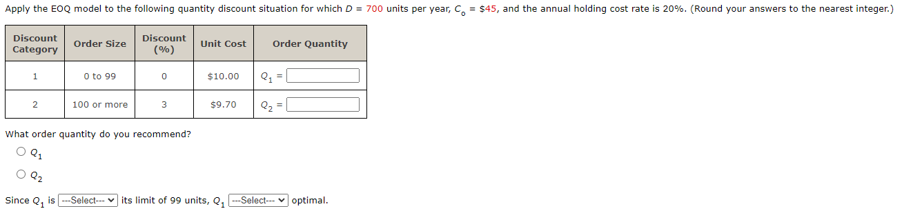 Solved Apply the EOQ model to the following quantity | Chegg.com