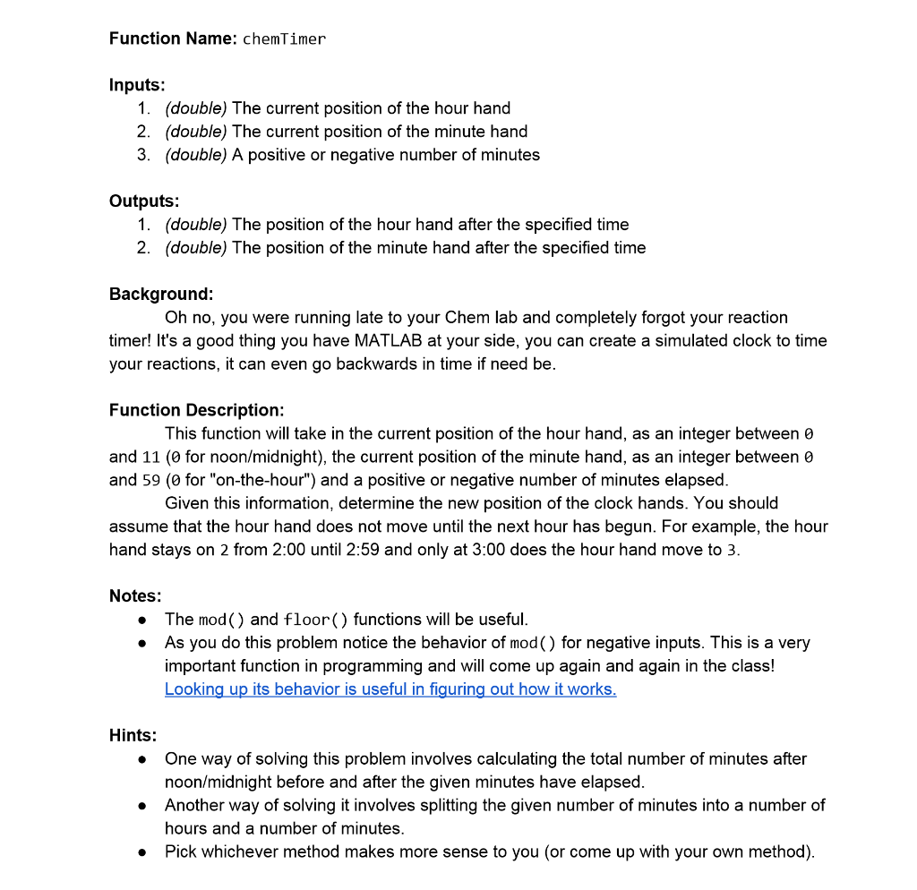 Solved Function Name Chemtimer Inputs 1 Double The