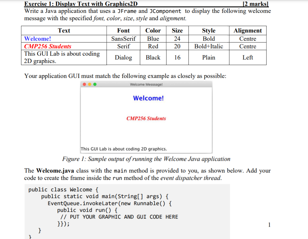 Solved Exercise 1: Display Text with Graphics2D [2 marks | Chegg.com