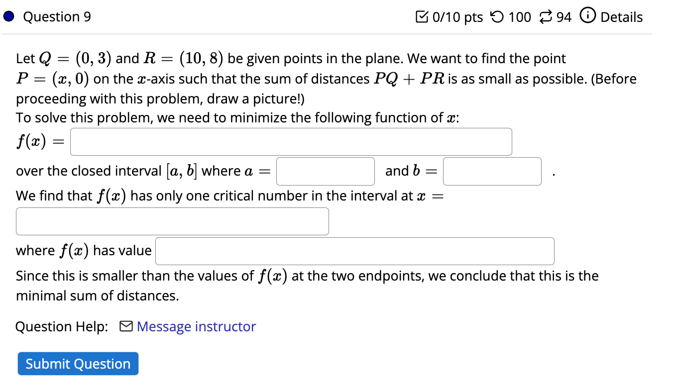 Solved Let Q=(0,3) and R=(10,8) be given points in the | Chegg.com