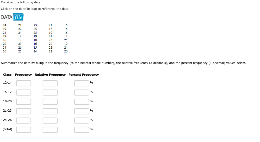 Solved Consider the following data. Click on the datafile | Chegg.com