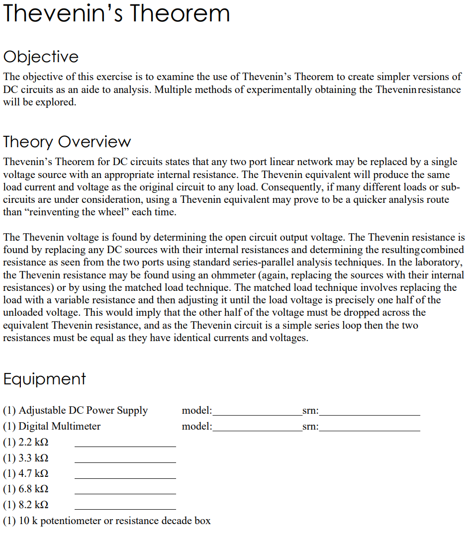 Solved Thevenin's Theorem Objective The objective of this | Chegg.com