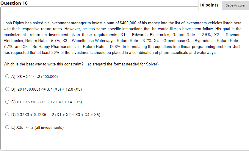 Solved Josh Ripley has asked his investment manager to | Chegg.com
