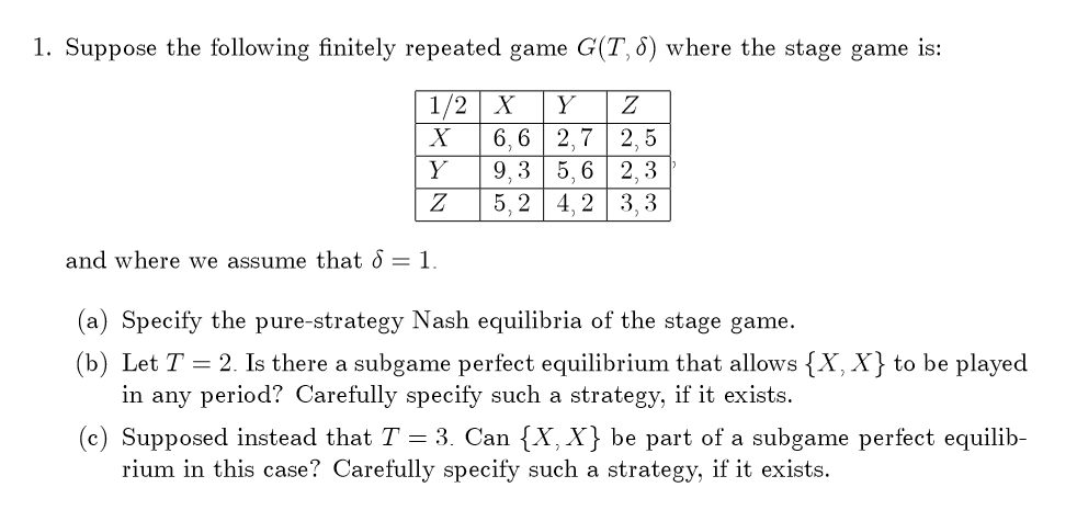 Solved 1. Suppose the following finitely repeated game GT, ) | Chegg.com