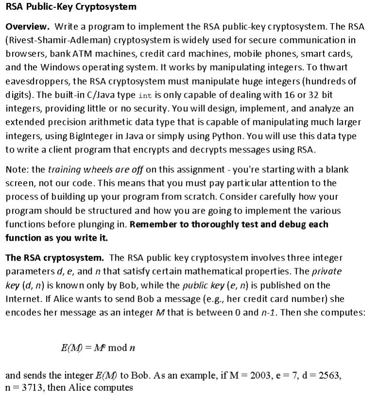 RSA Public-Key Cryptosystem Overview. Write a program | Chegg.com