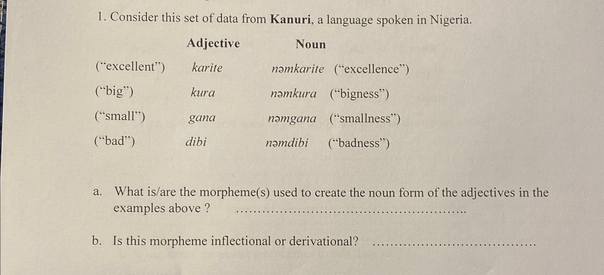 1. Consider this set of data from Kanuri, a language | Chegg.com