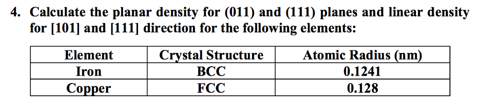 Solved 4. Calculate the planar density for (011) and (111) | Chegg.com