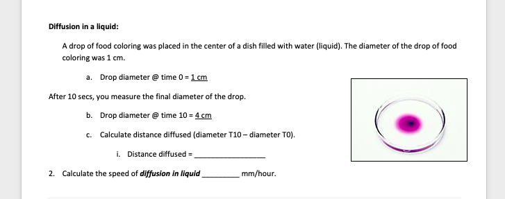 Solved Diffusion in a liquid: A drop of food coloring was | Chegg.com