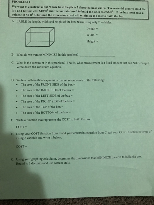 Solved We want to construct a box whose base length is 3 | Chegg.com