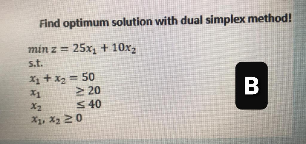 Solved Find optimum solution with dual simplex method! min z | Chegg.com