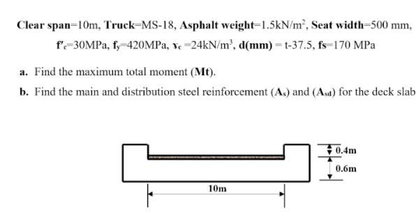 Solved Clear span=10m, Truck=MS-18, Asphalt weight=1.5kN/m², | Chegg.com
