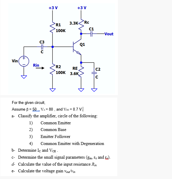 Solved +3 V +3 V R1 3.3KRc 100K c1 - Vout Q1 Vin Rin R2 RE | Chegg.com