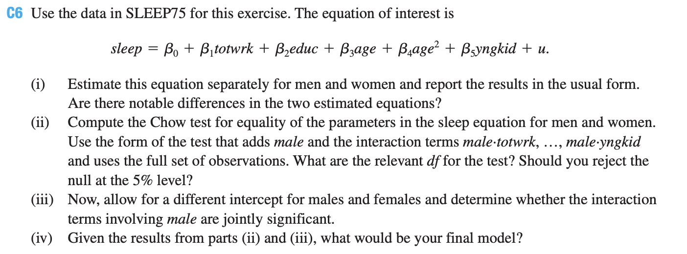 Solved 6 Use the data in SLEEP75 for this exercise. The | Chegg.com