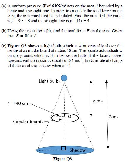 Solved (a) A uniform pressure W of 6 kN/m- acts on the area | Chegg.com