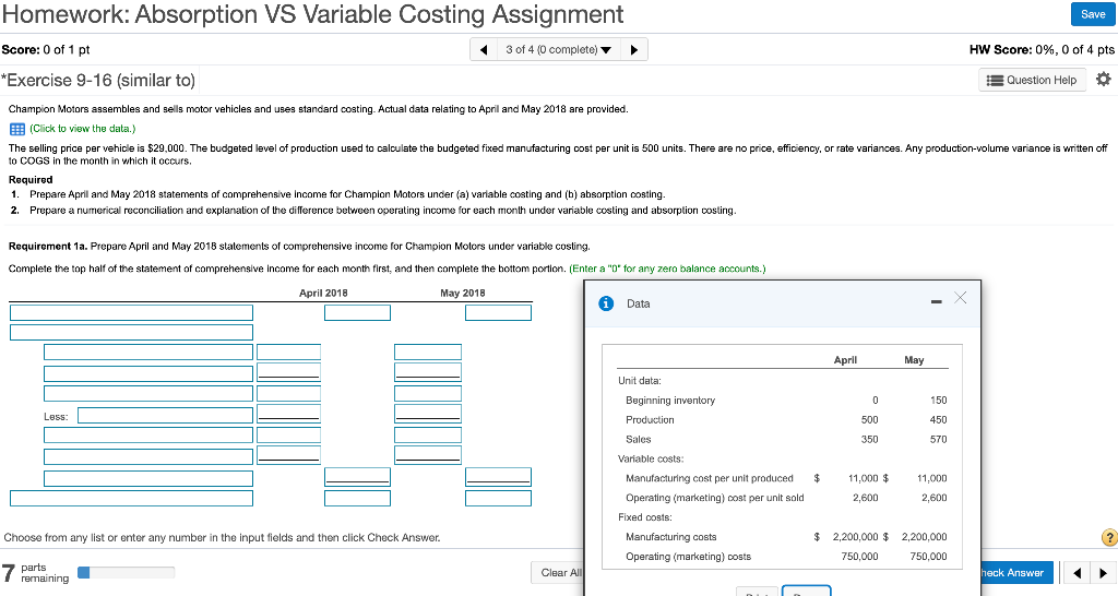 Solved Homework: Absorption VS Variable Costing Assignment | Chegg.com