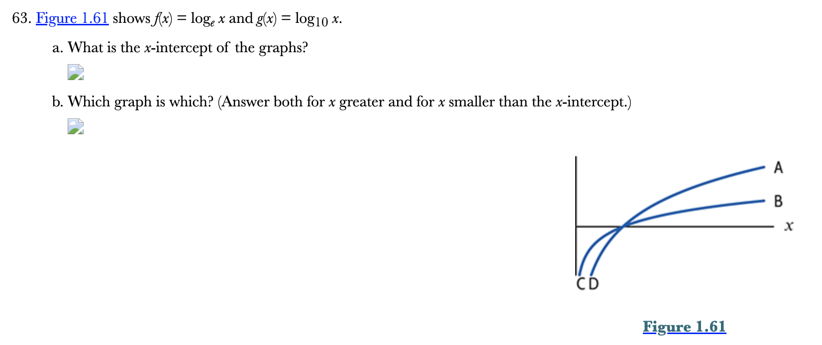 Solved 3. Figure 1.61 shows f(x)=logex and g(x)=log10x. a. | Chegg.com