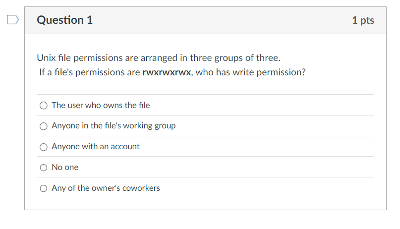 Solved Question 1Unix file permissions are arranged in three | Chegg.com