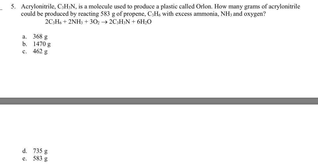 Solved 5. Acrylonitrile, C3H3N, is a molecule used to | Chegg.com