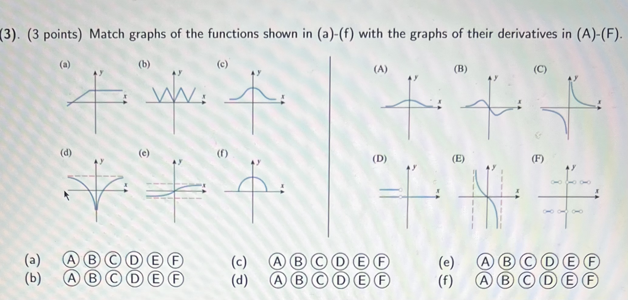 Solved 3). (3 points) Match graphs of the functions shown in | Chegg.com Solved 3). (3 points) Match graphs of the functions shown in | Chegg.com