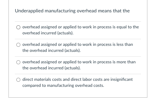 Solved Underapplied manufacturing overhead means that the | Chegg.com