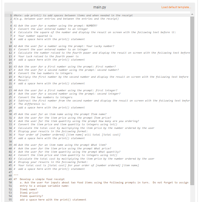 Solved main.py Load default template.... 1 Note: use print() | Chegg.com